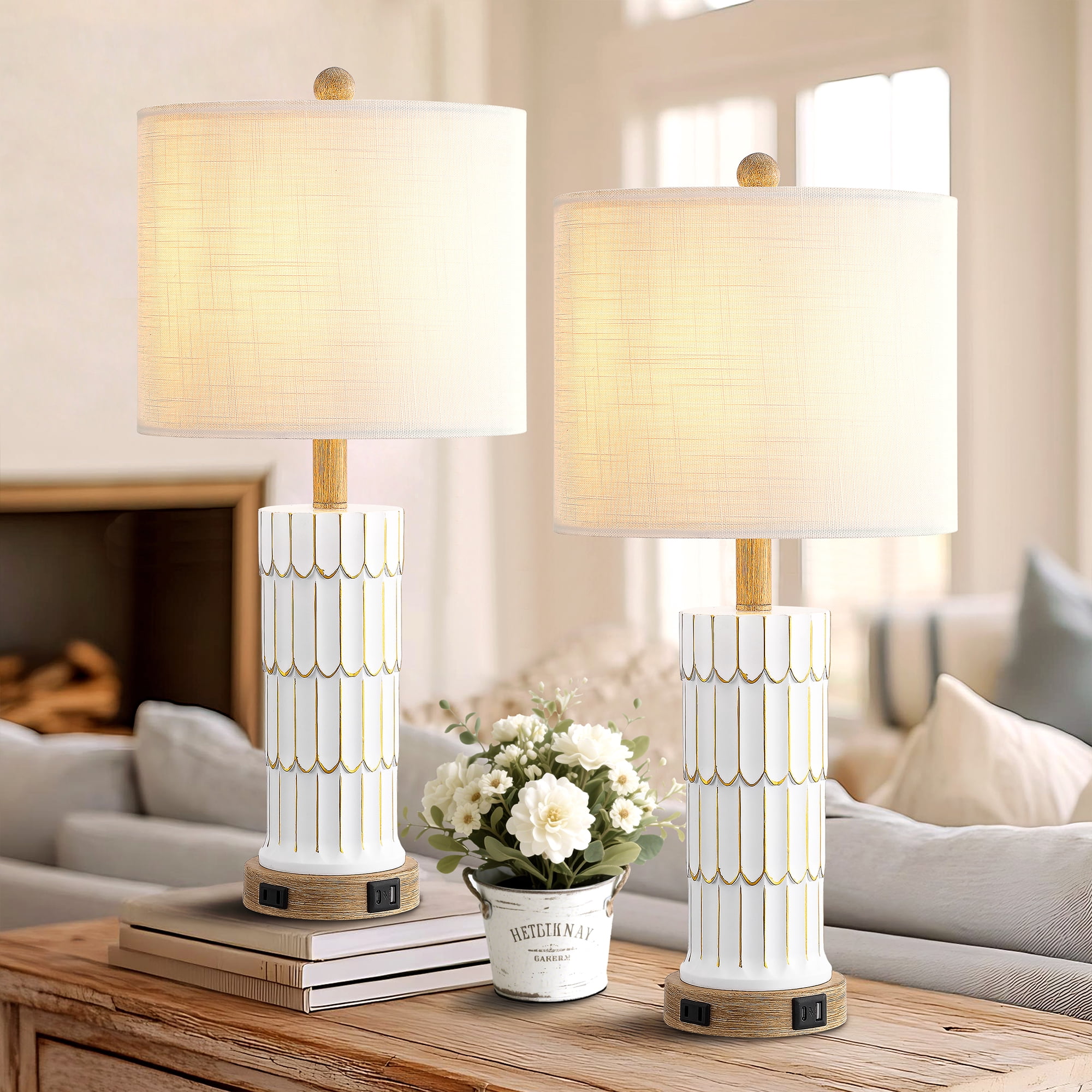 25" Resin Table Lamp Set With USB, Type-C Ports And AC-Outlet (Set of 2 ...