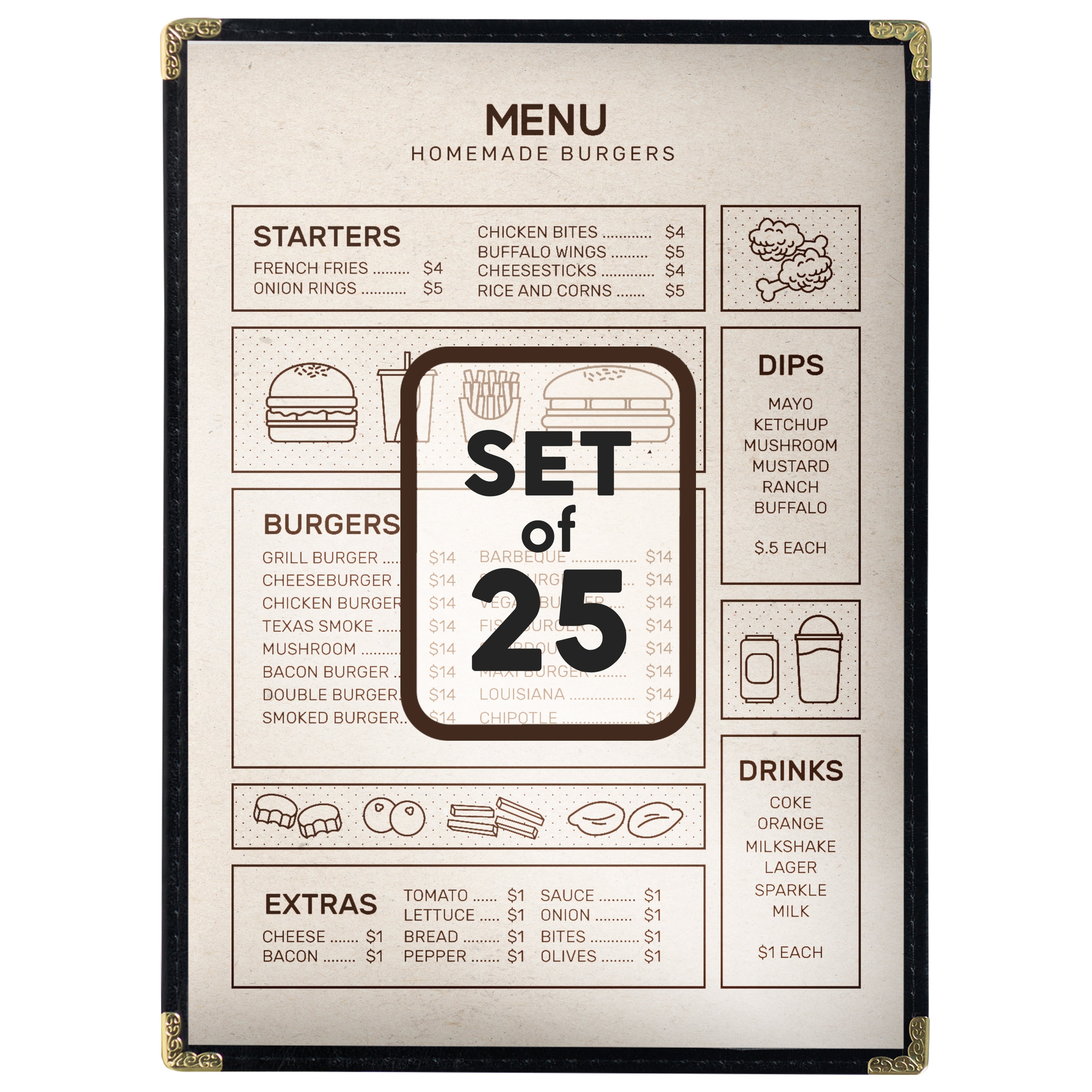 25 Restaurant Menu Covers 8.5'' x 11'', Single Pocket Menu Holder with ...