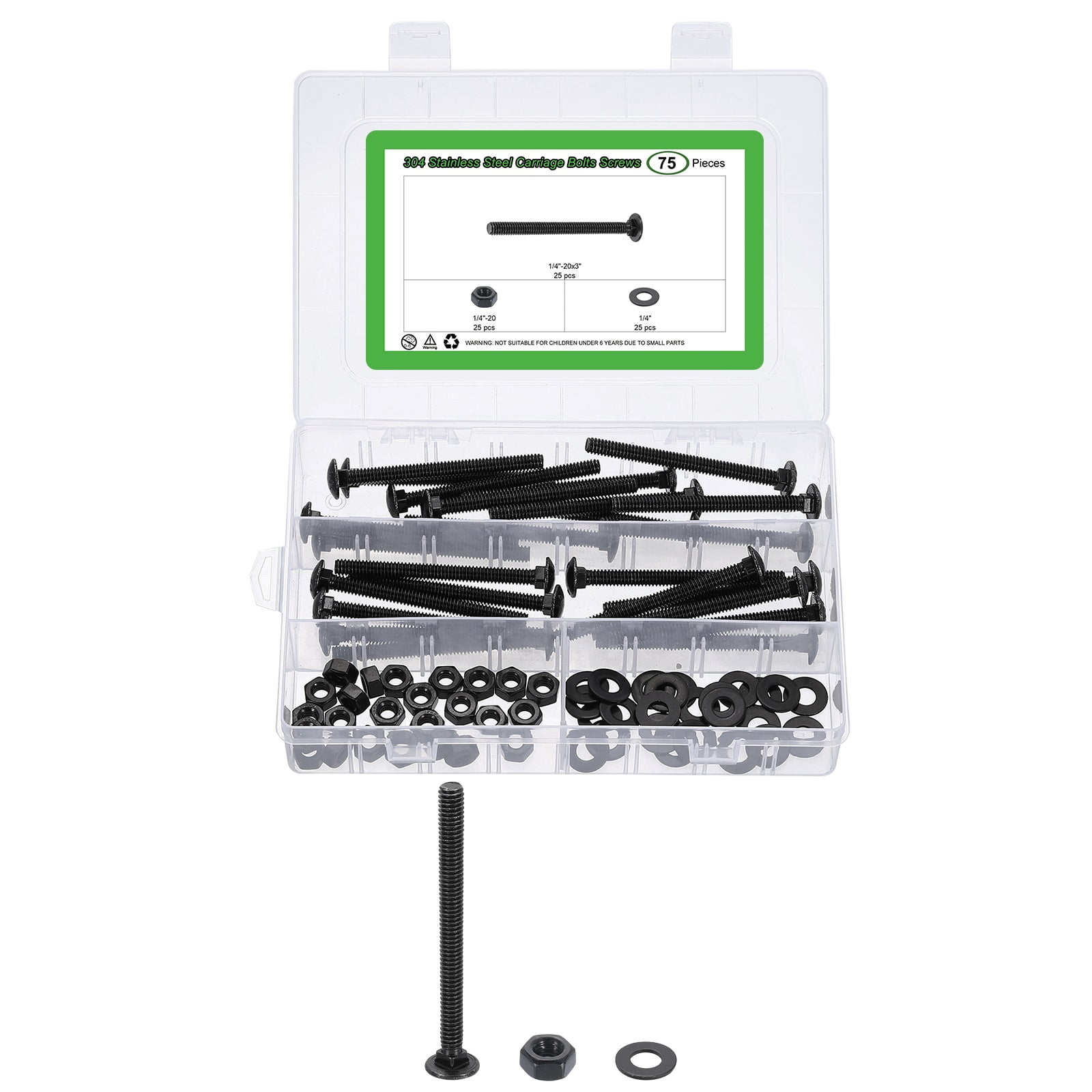 25 Set Carriage Bolts and Nuts Kit, 1/4"-20x3" Stainless Steel 304 ...