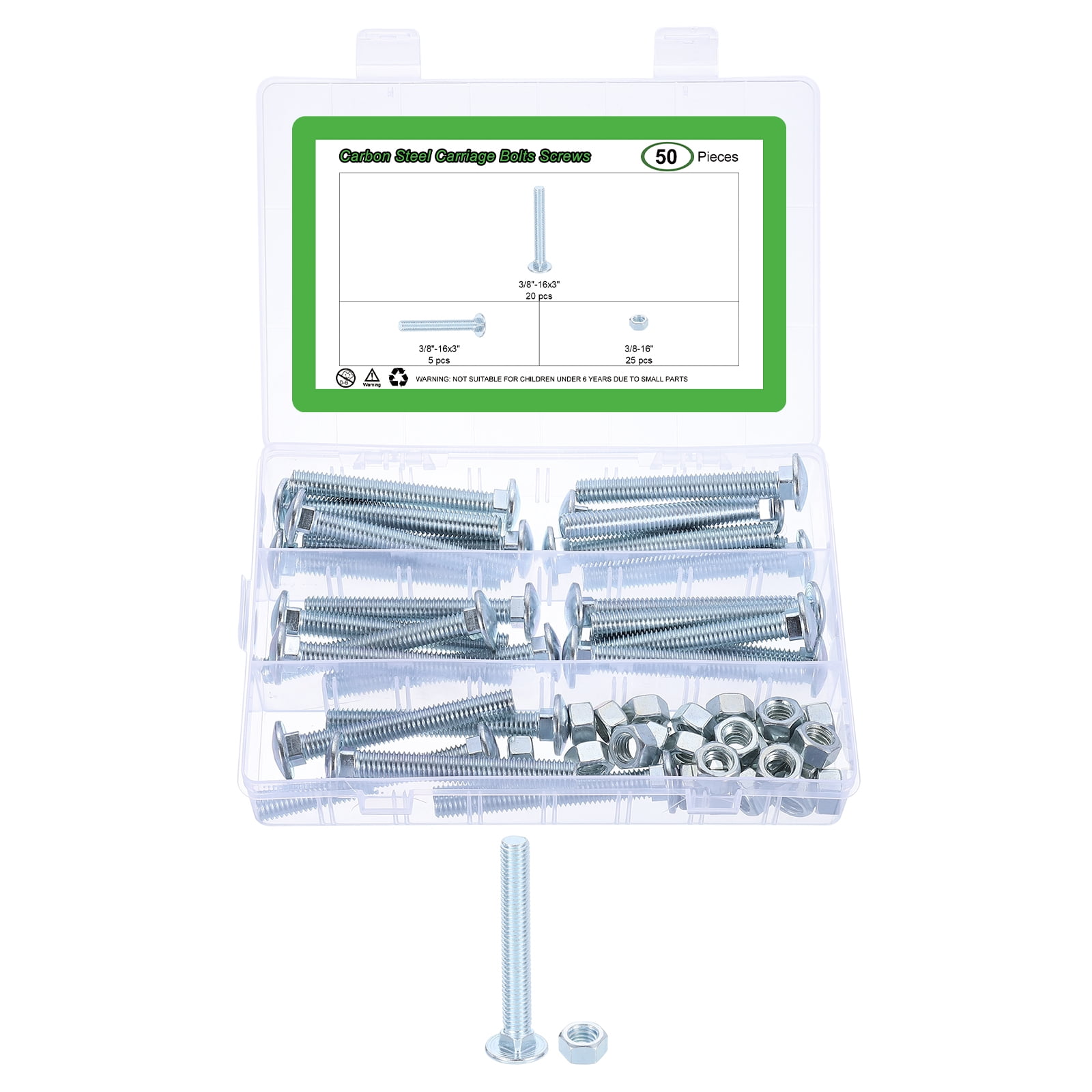 25 Set Carriage Bolts and Nuts Kit, 3/8"-16x3" Carbon Steel Round Head ...