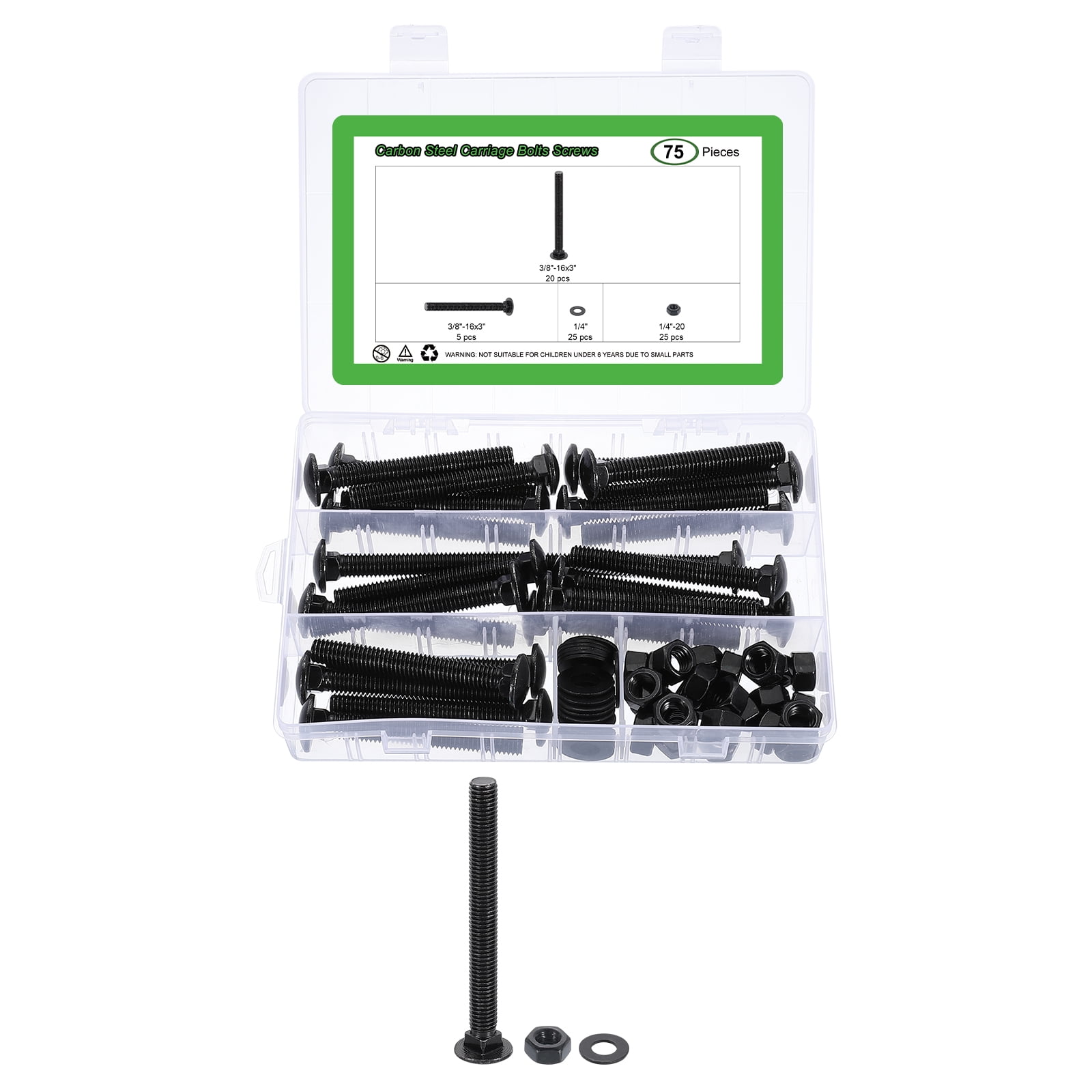 25 Set Carriage Bolts and Nuts Kit, 3/8"-16x3" Carbon Steel Round Head ...
