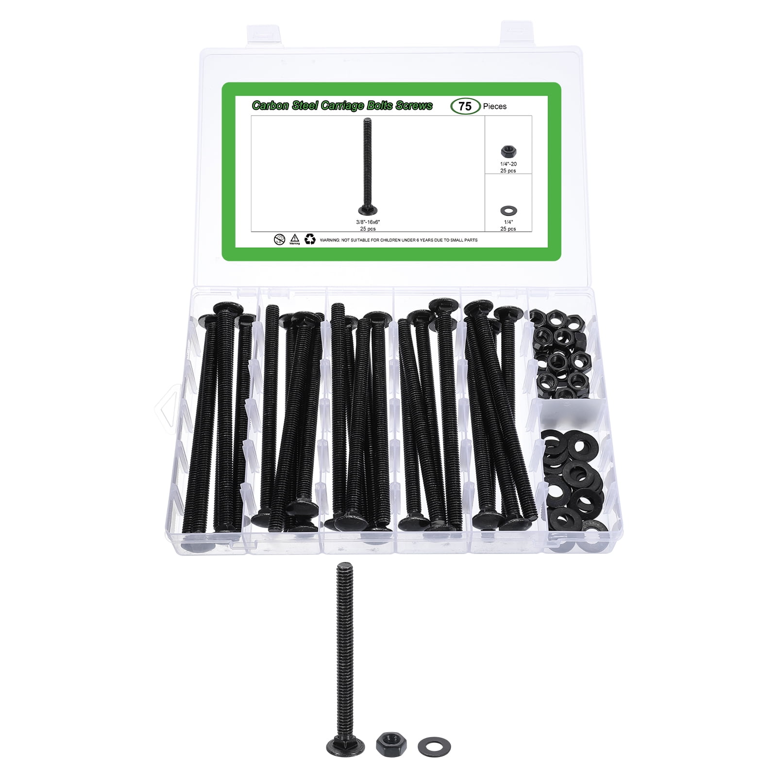 25 Set Carriage Bolts and Nuts Kit, 3/8"-16x6" Carbon Steel Round Head ...