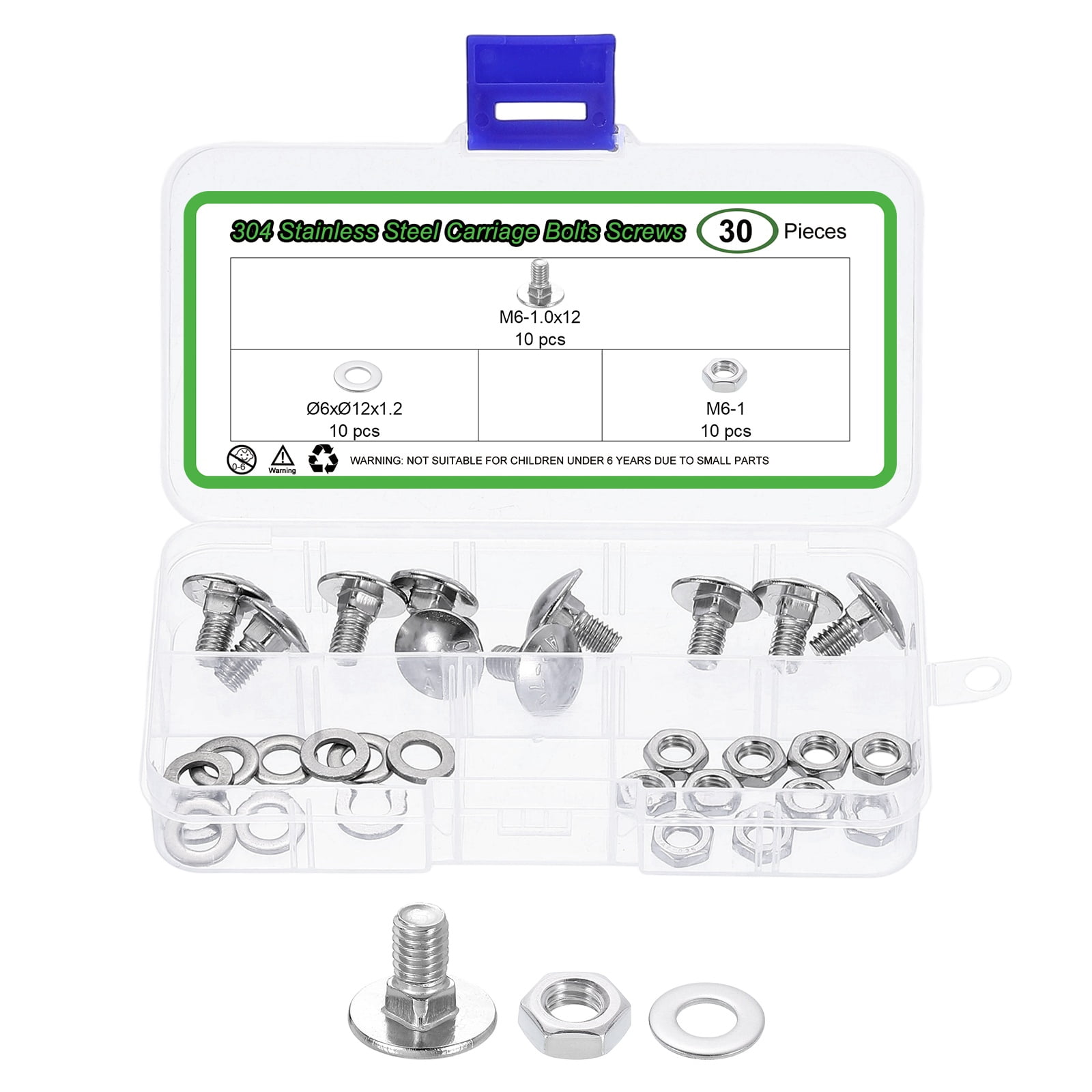 25 Set Carriage Bolts and Nuts Kit, M6-1.0x12 Stainless Steel 304 Round ...