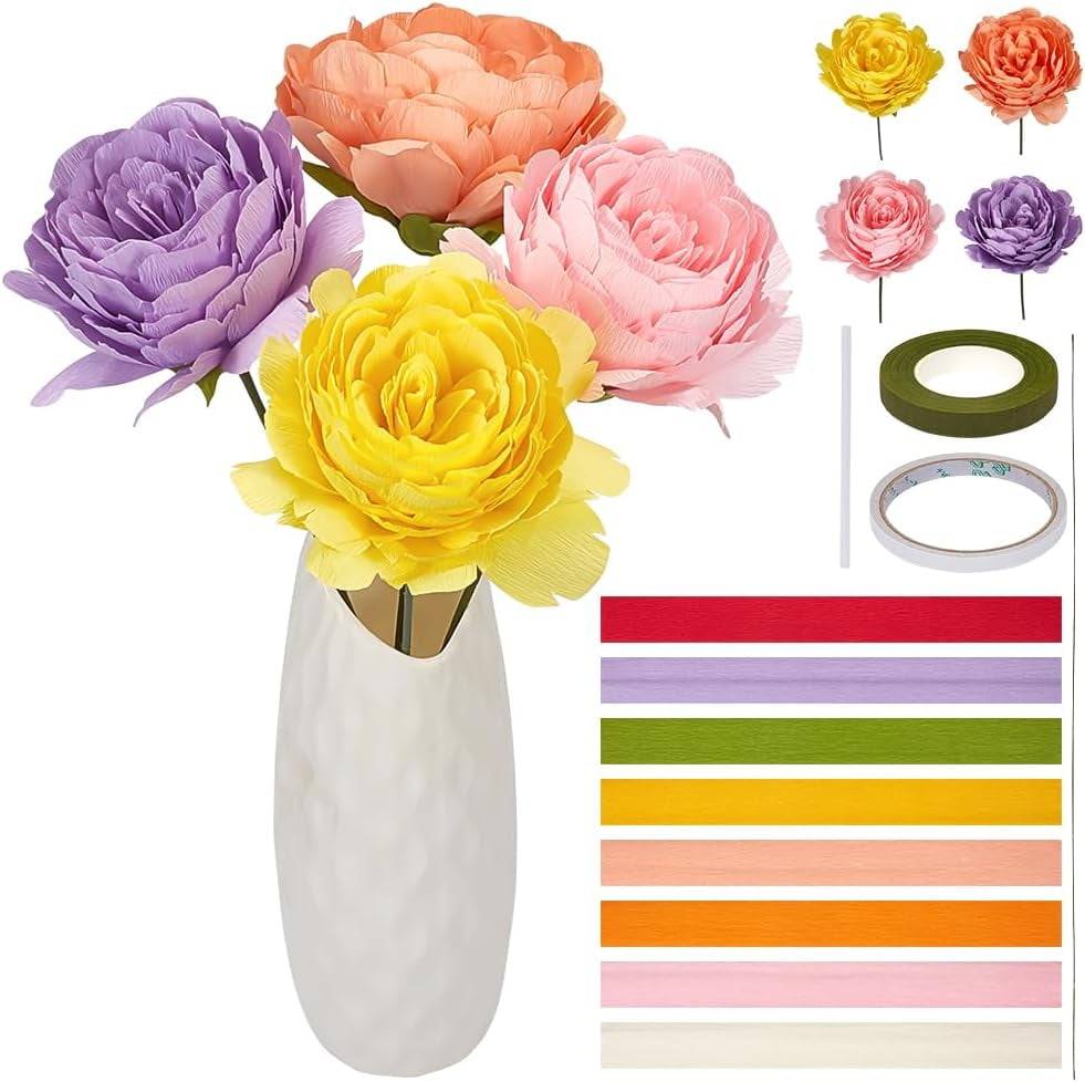 25 Set DIY Peony Crepe Paper Kit with 8 Rolls Crepe Paper Iron Wire ...