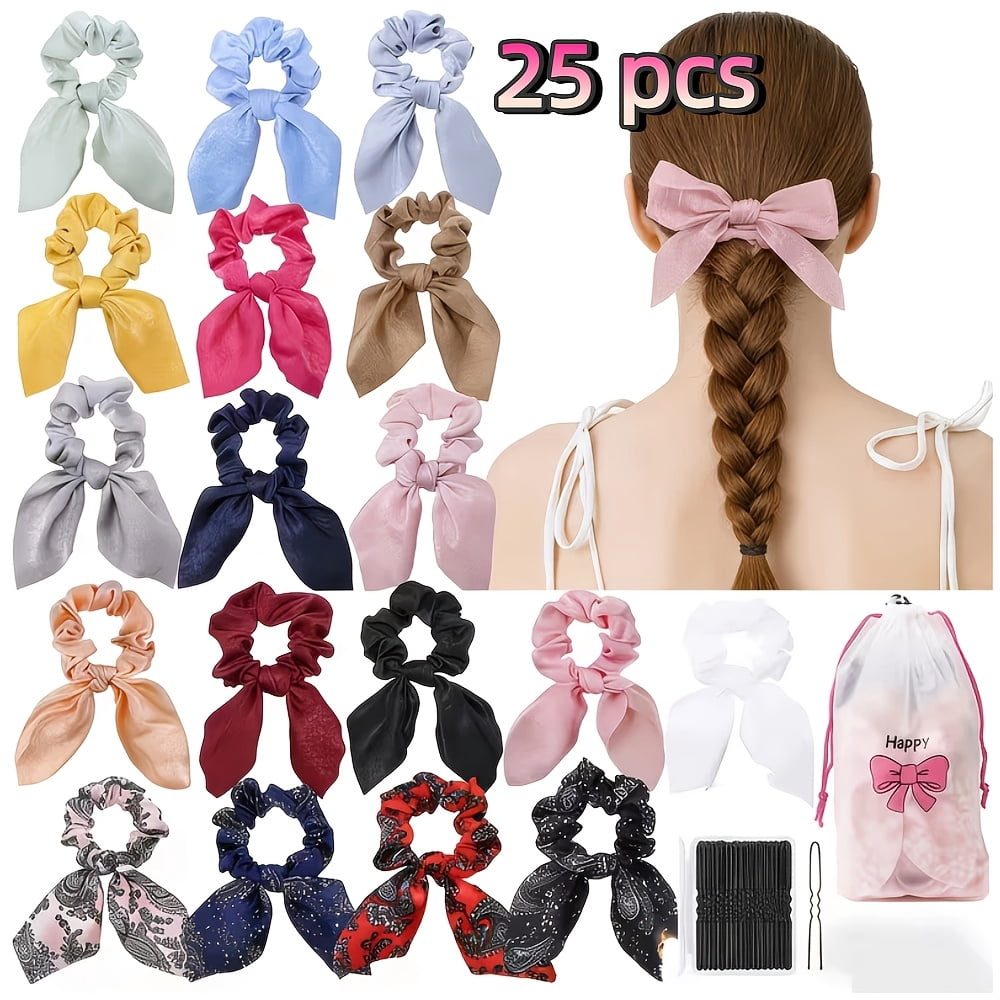 25 Set Satin Scrunchies for Thick Hair with Hair Pins, Hair Ties with ...