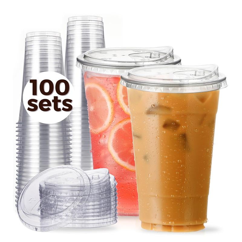 "25 Sets 20oz Clear PET Plastic Cups with Strawless Sip Lids ...