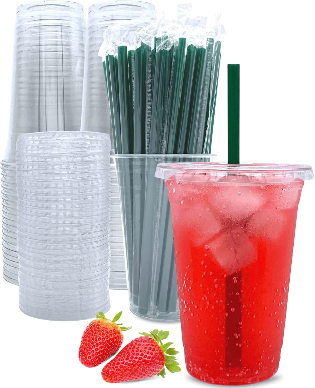 25 Sets (50 Count) 20 oz Clear Plastic Cups with Lids and Straws ...