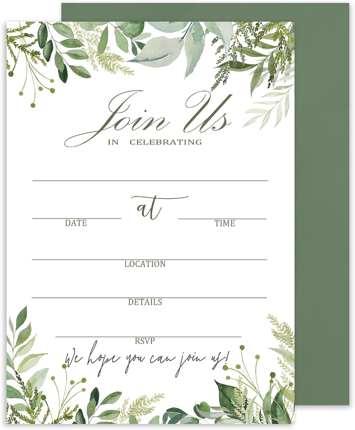 25 Sets Greenery Invitations with Envelopes Stickers Watercolor Green ...