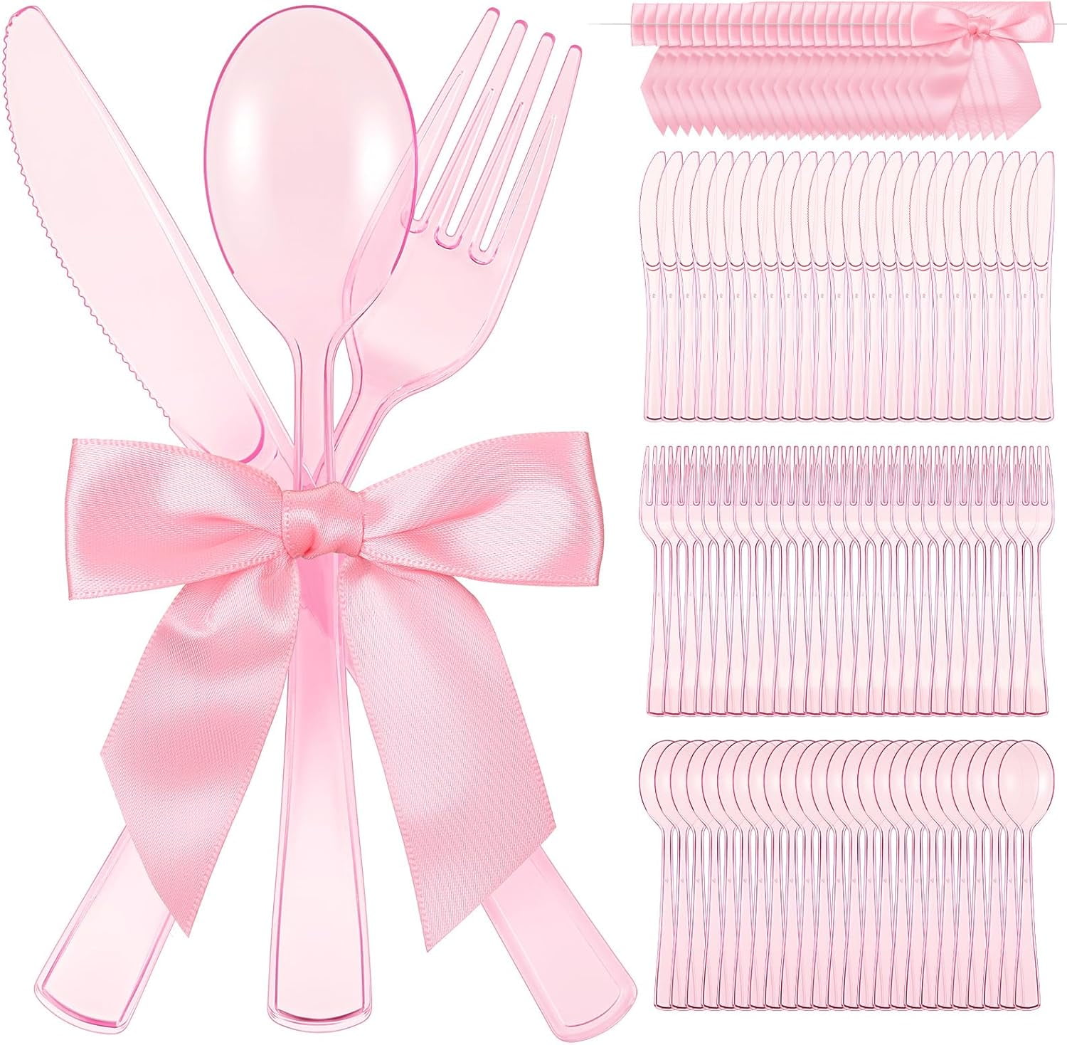 25 Sets Pink Plastic Cutlery Set with Twist Tie Bows, Heavy Duty ...