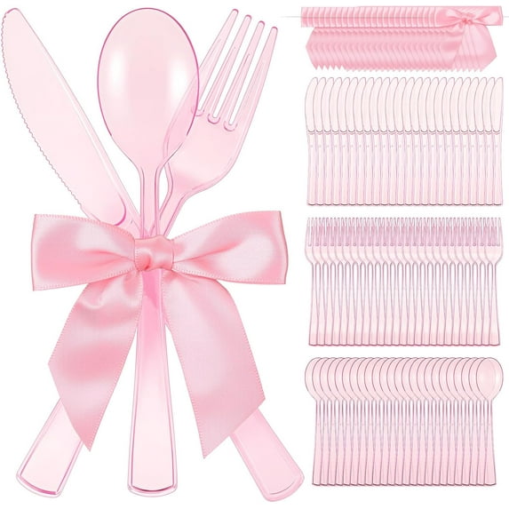 25 Sets Pink Plastic Cutlery Set with Twist Tie Bows, Heavy Duty ...