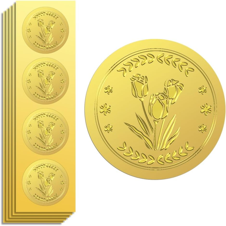 25 Sheet Gold Foil Stickers Seals Embossed Tulips 2 Inch 100Pcs Self ...