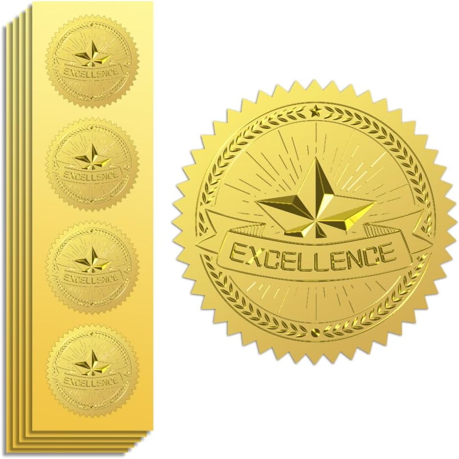 25 Sheet Gold Foil Stickers Seals Official Embossed Excellence Wreaths ...