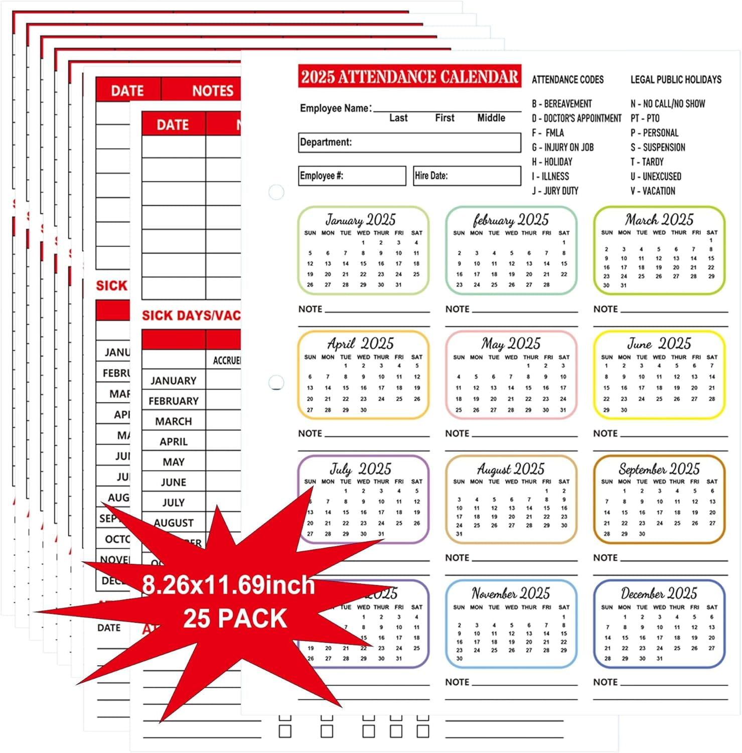 25 Sheets of 2025 Attendance Calendar Work Tracker Attendance Calendar ...