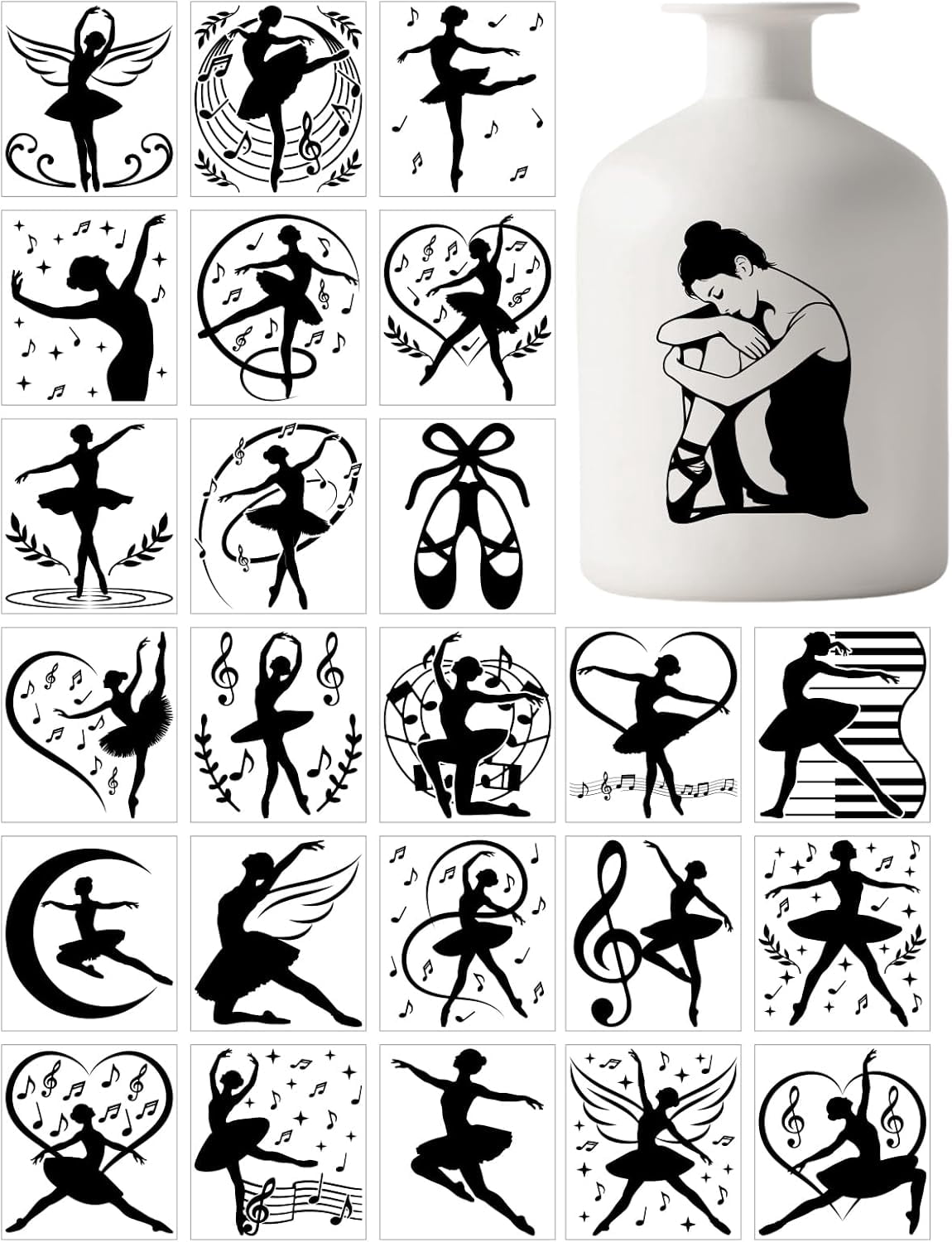 25 Sheets Ballet Dancer Black Silhouette Vase Decals Stickers Music ...
