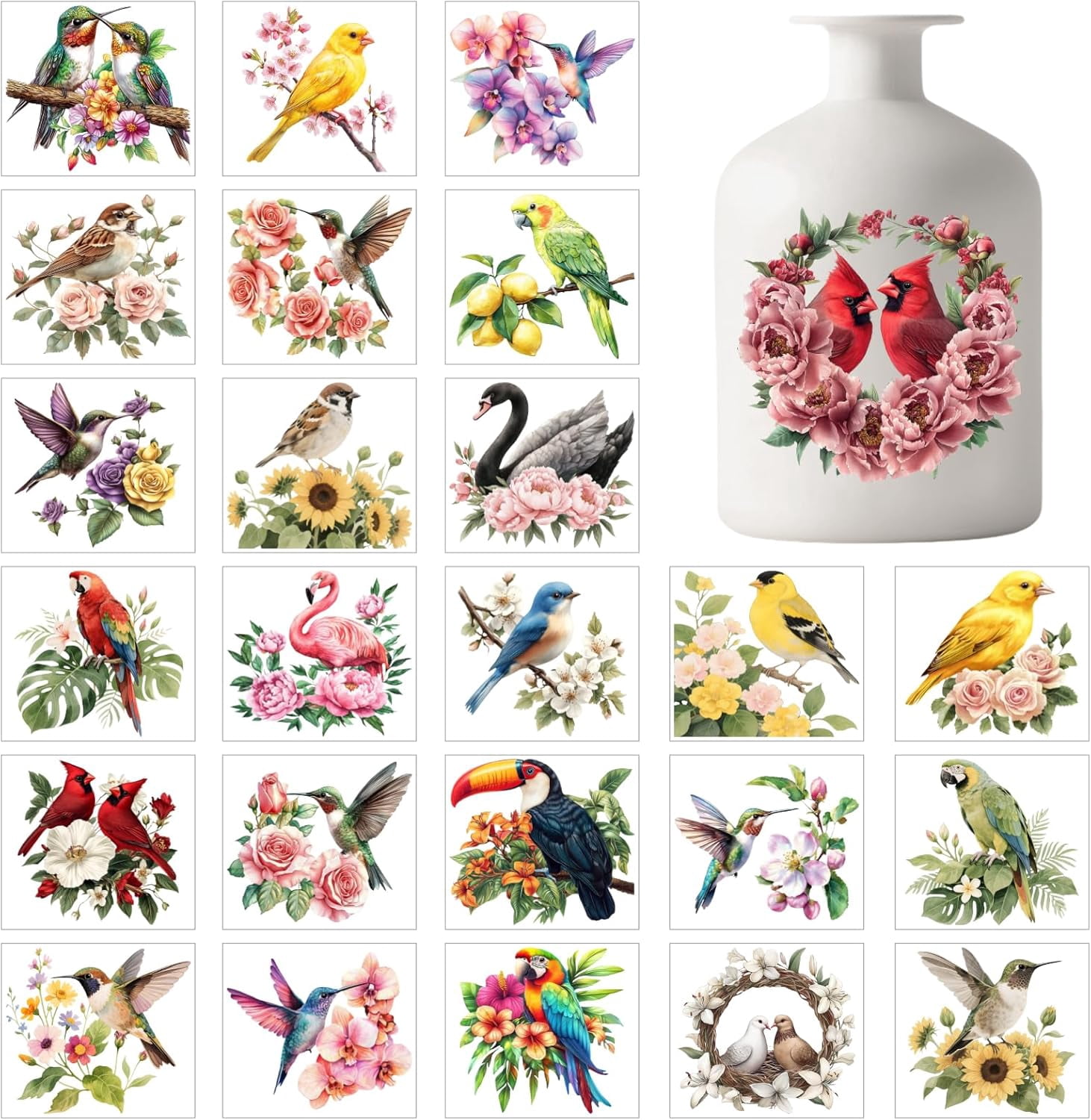 25 Sheets Bird Flowers Colorful Mason Jar Decal Stickers Rose ...