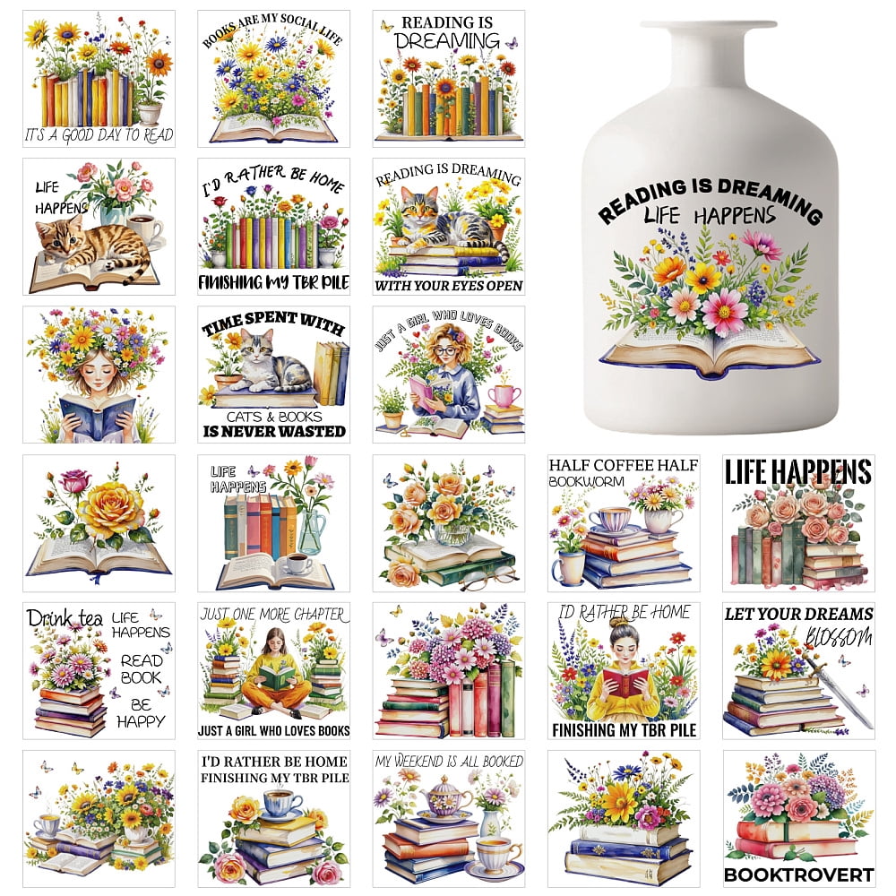 25 Sheets Books Flowers Colorful Mason Jar Decal Stickers Reading Lady ...