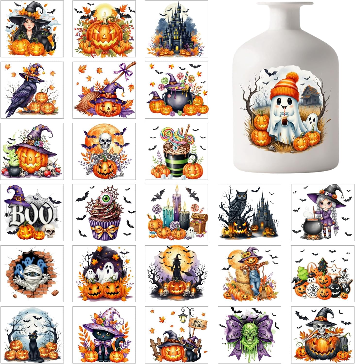25 Sheets Colorful Elements Jar Decal Stickers Vintage Pumpkins Plastic ...