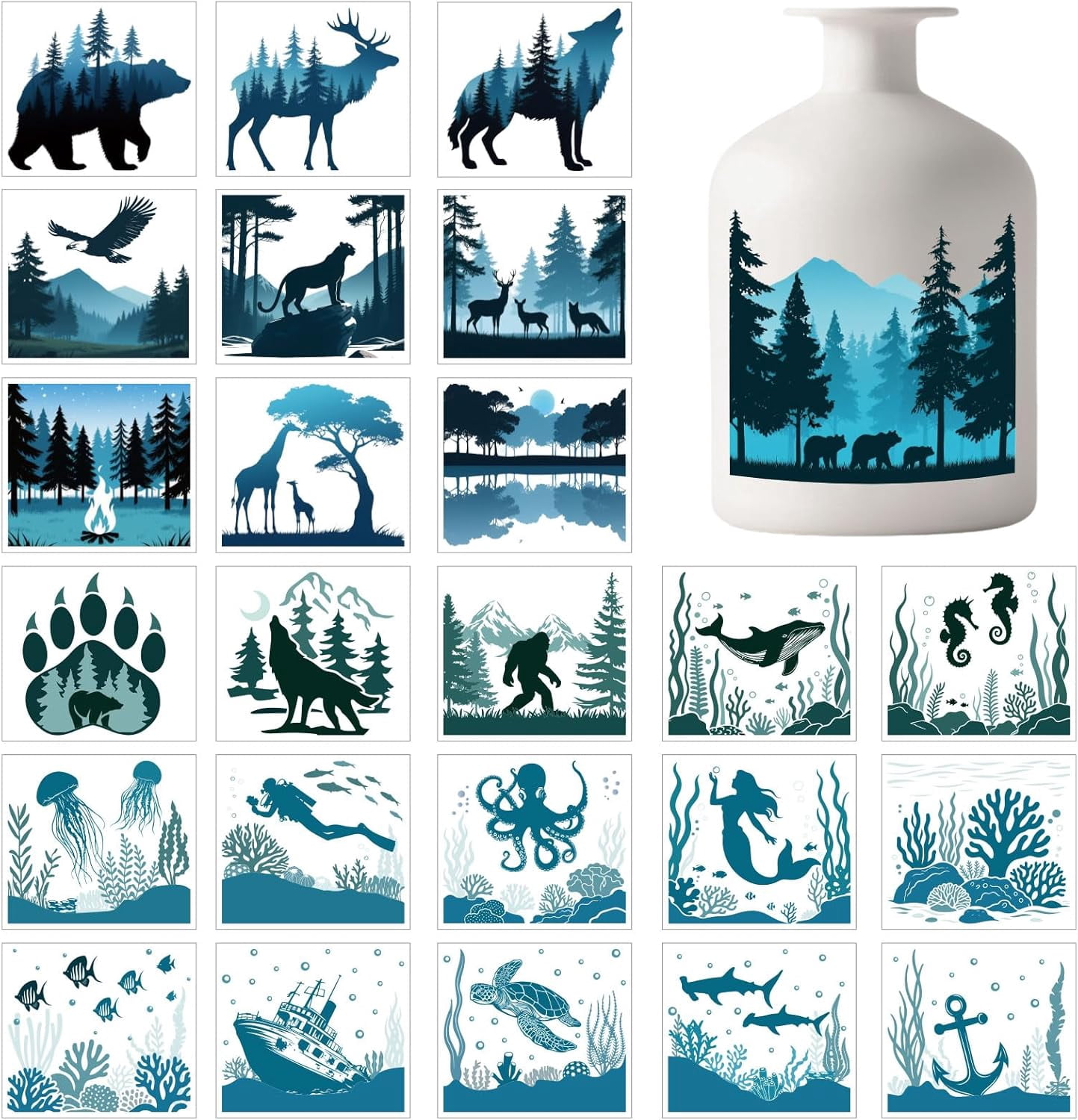 25 Sheets Forest and Sea Animals Colorful Mason Jar Decal Stickers ...