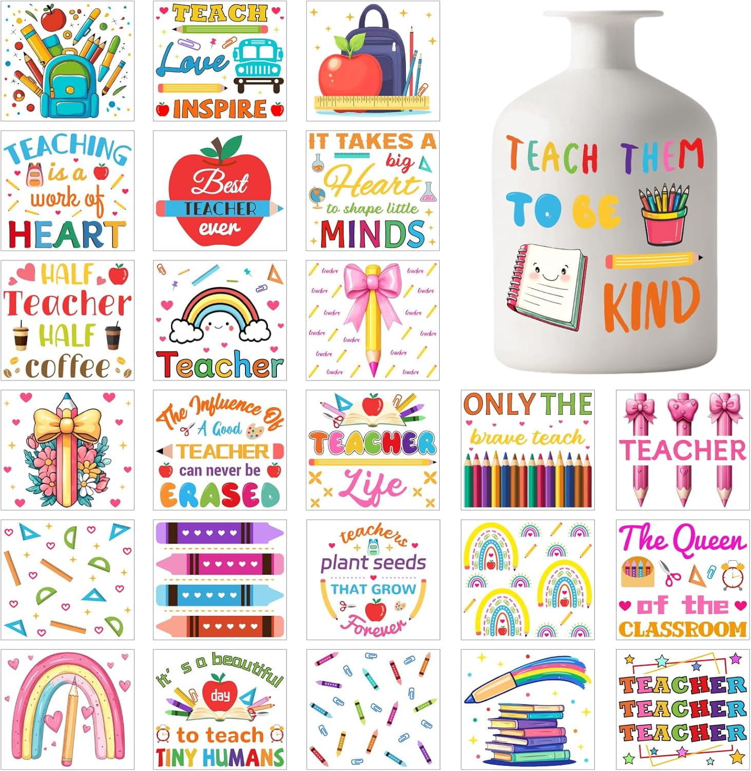 25 Sheets Pen and Pencils Colorful Mason Jar Decal Stickers Rainbow ...