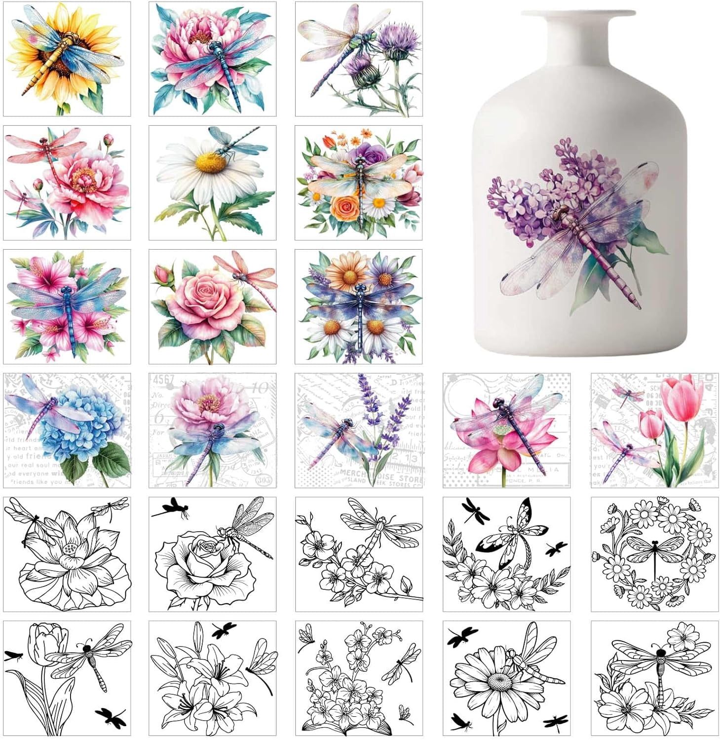25 Sheets Retro Dragonfly Colorful Mason Jar Decal Stickers Flowers ...