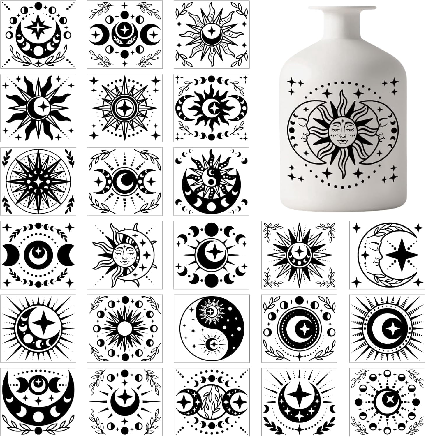 25 Sheets Sun Moon Silhouette Mason Jar Decals Stickers Leaves Plastic ...