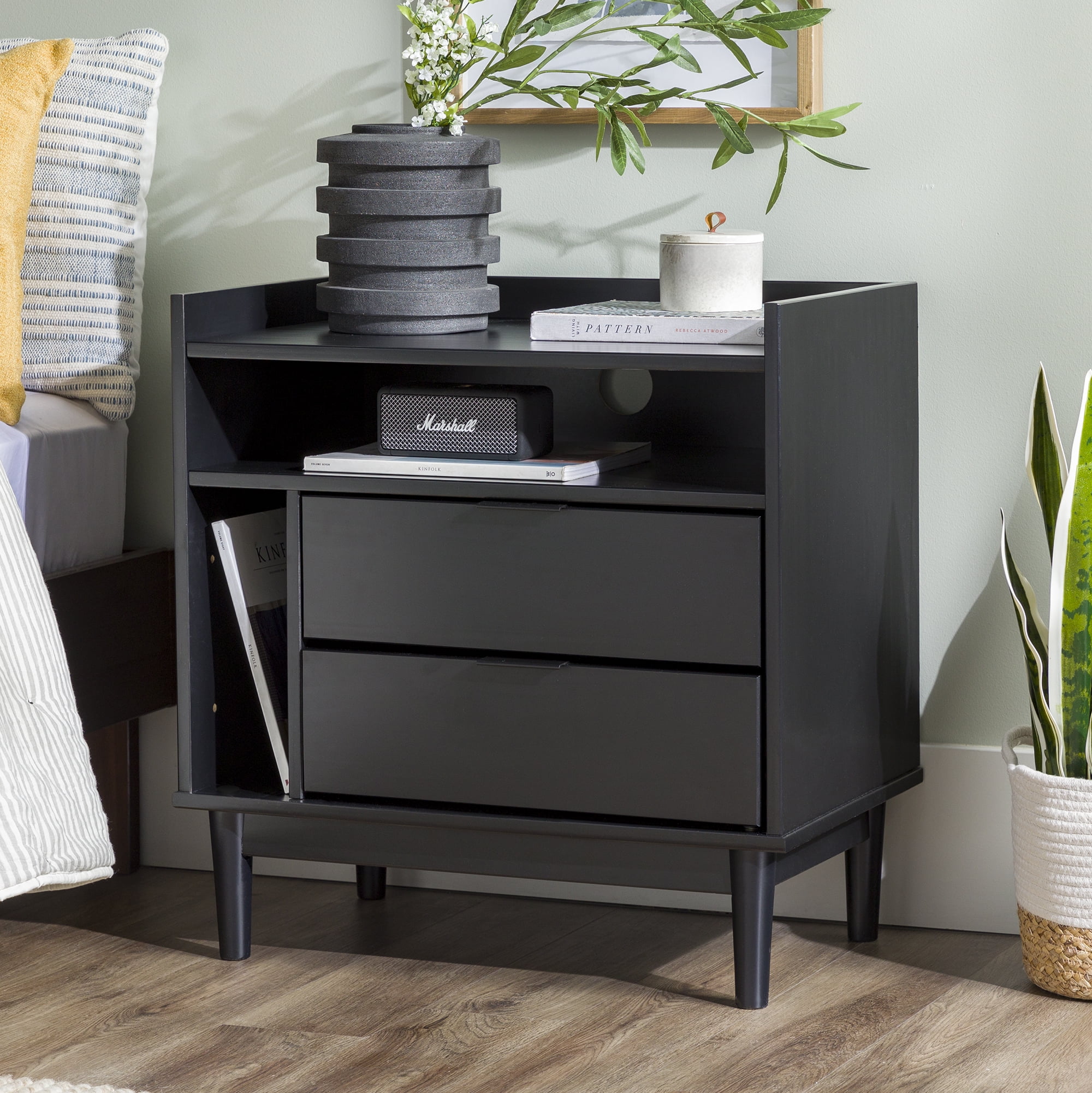 Walker Edison Mid-Century Modern 2-Drawer Wood Nightstand, Solid Black ...