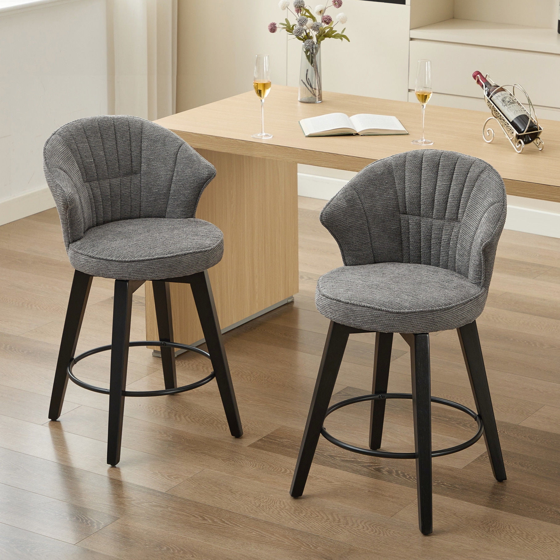 25" Swivel Bar Stools in Dark Grey | 360° Silent Swivel for Dining Room ...