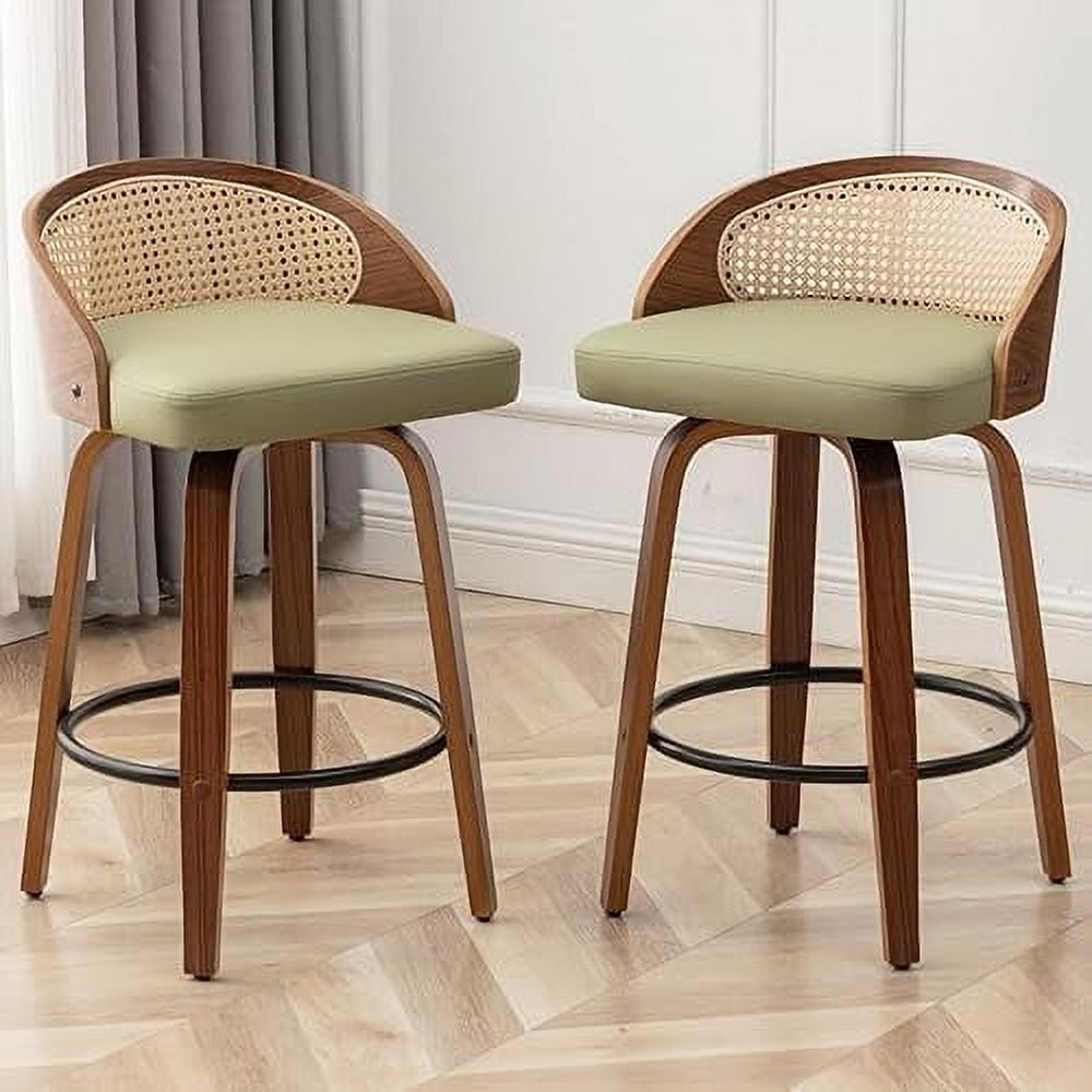 25" Swivel Rattan Bar Stools Set of 2,Mid-Century Modern Green Faux Leather Upholstered Counter ...