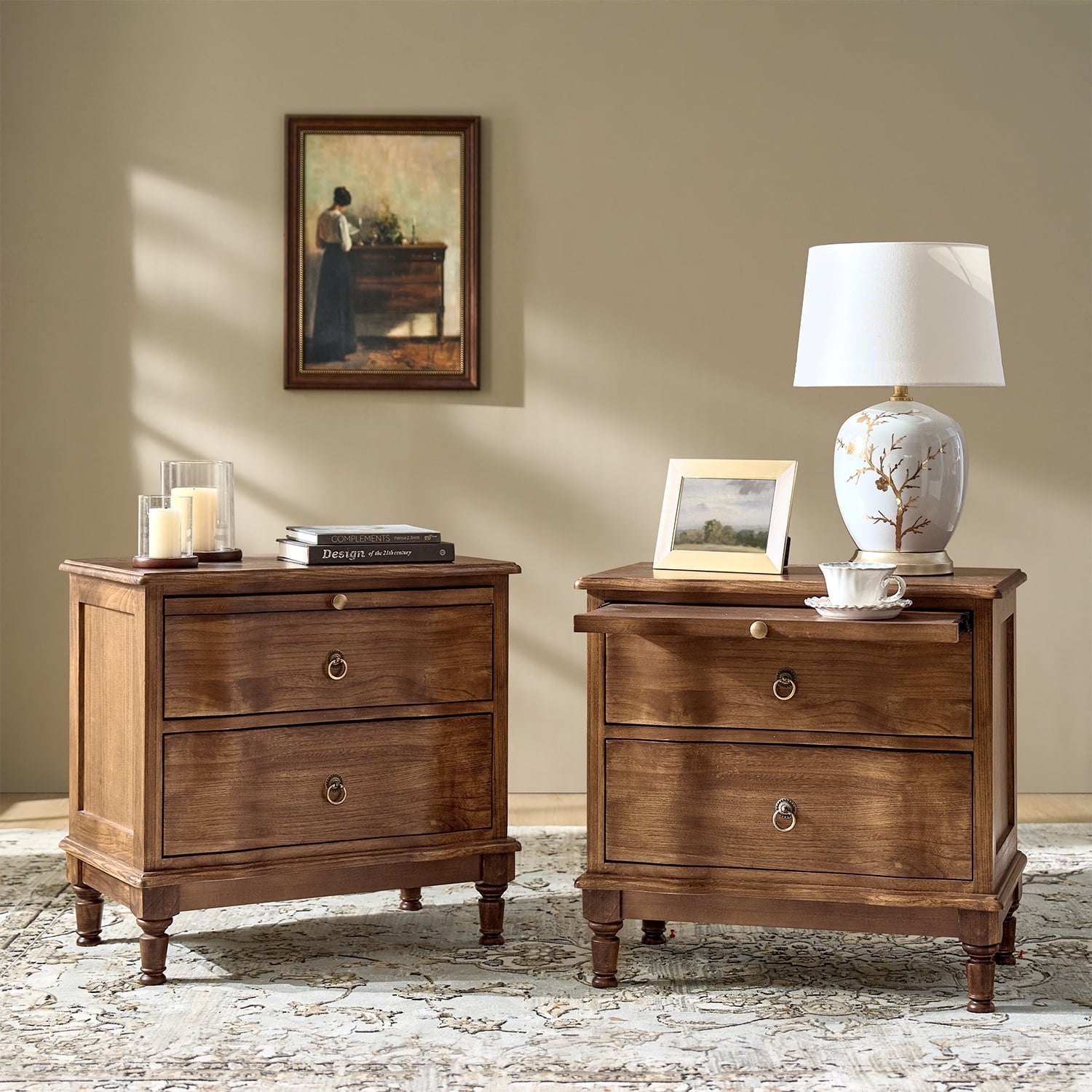 25" Traditional 2 Drawers End Table Solid Wood Set of 2 with Pull-out ...