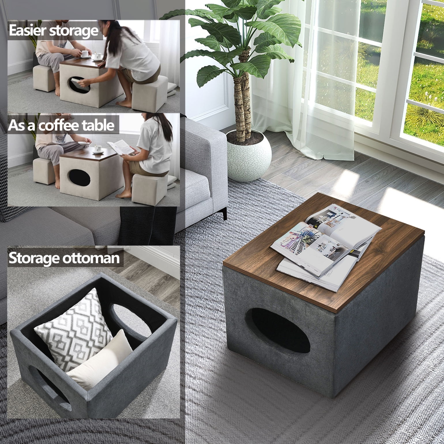 25"W Modern Design Hollow Storage Ottoman,Upholstery Coffee Table ...