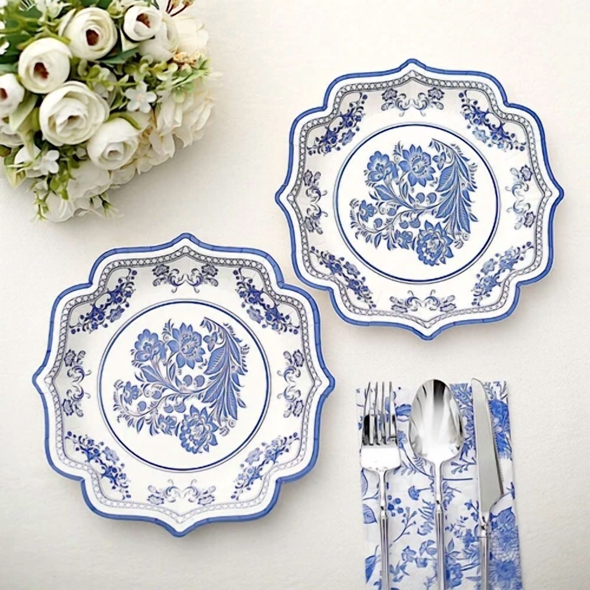 25 White Blue 8 In Floral Disposable Dessert Paper Plates Scallop Trim ...