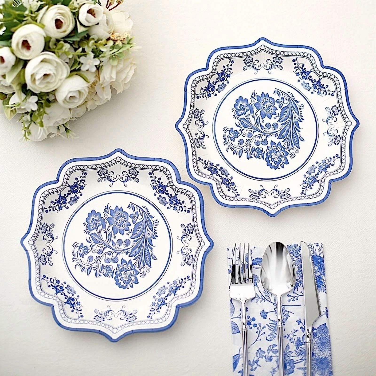 25 White Blue 8 In Floral Disposable Dessert Paper Plates Scallop Trim ...