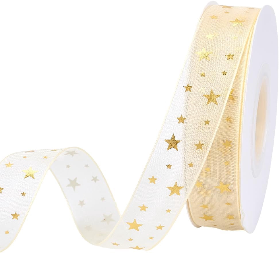 25 Yards 3/4 Inch Gold Star Print Ribbon Stars Pattern Glitter Sheer ...