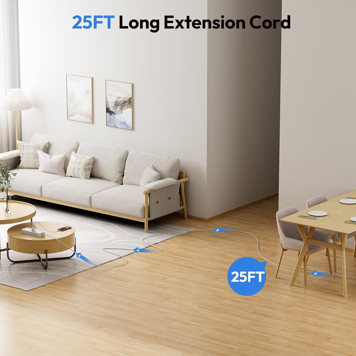 25 ft Extension Cord Flat Plug, 8 Outlet Surge Protector Power Strip ...