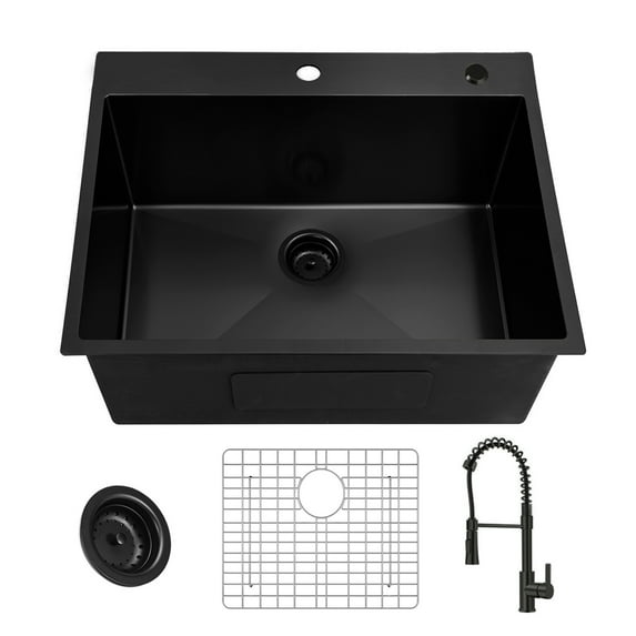 25 inch Black Drop-in Single Bowl Kitchen Sink, 18 Gauge Black ...