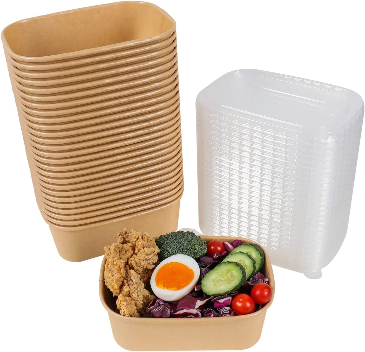 25 oz Disposable Kraft paper bowls with lids, Rectangle Food containers ...