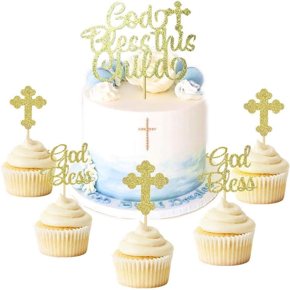 25 pieces of shimmering gold 'Bless this child' cross cake decorations ...