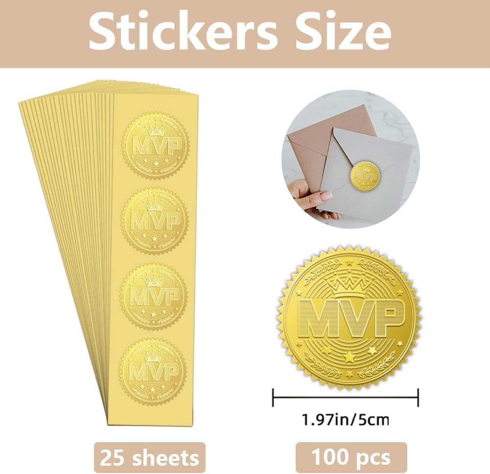 25 sheet 100Pcs MVP Crown Gold Foil Stickers 2 Inch Diplomas Medal ...