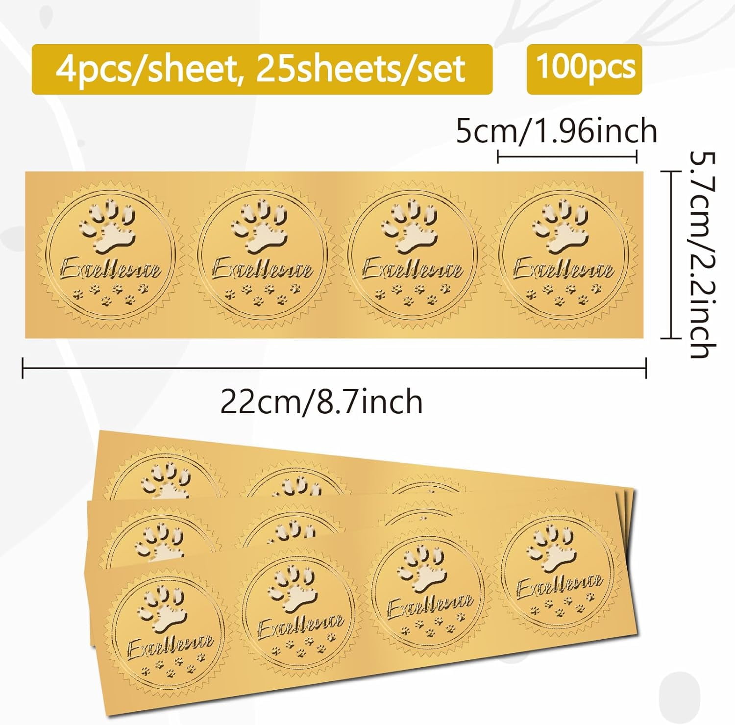 25 sheet Dog Paw Print Gold Foil Embossed Certificates Stickers 2" Self ...