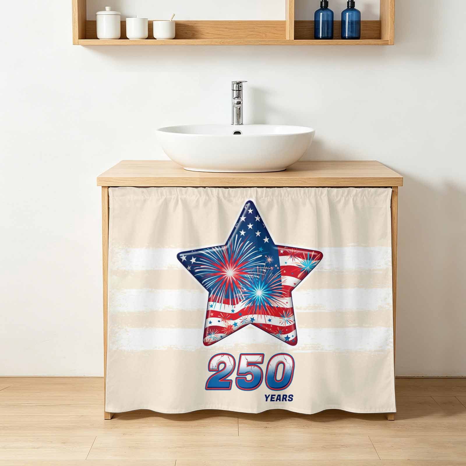 250 Anniversary Cabinet Curtains 10" W x 11" L, American Flag Fireworks ...