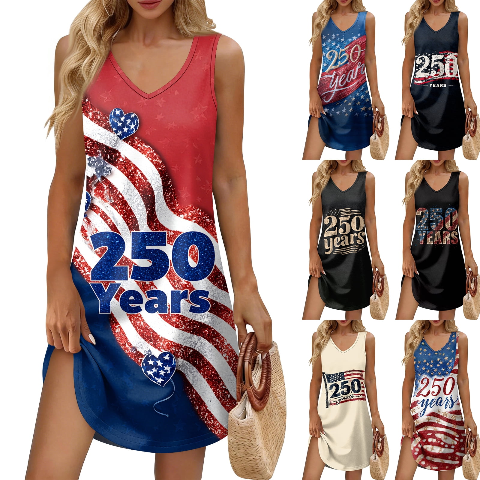 250 Anniversary Dresses USA Sleeveless Empire Waist Flag Printed Ruffle ...