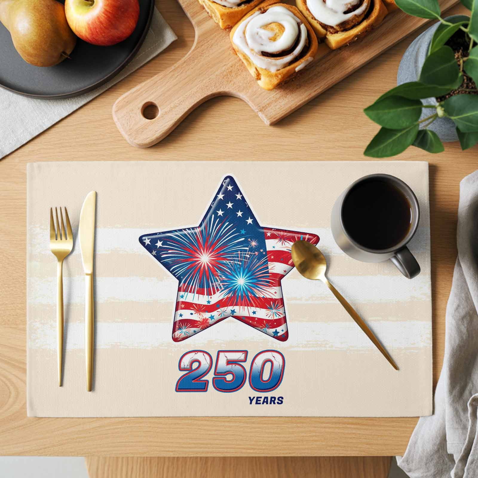 250 Anniversary Placemats Set of 8, American Flag Fireworks Star Beige ...