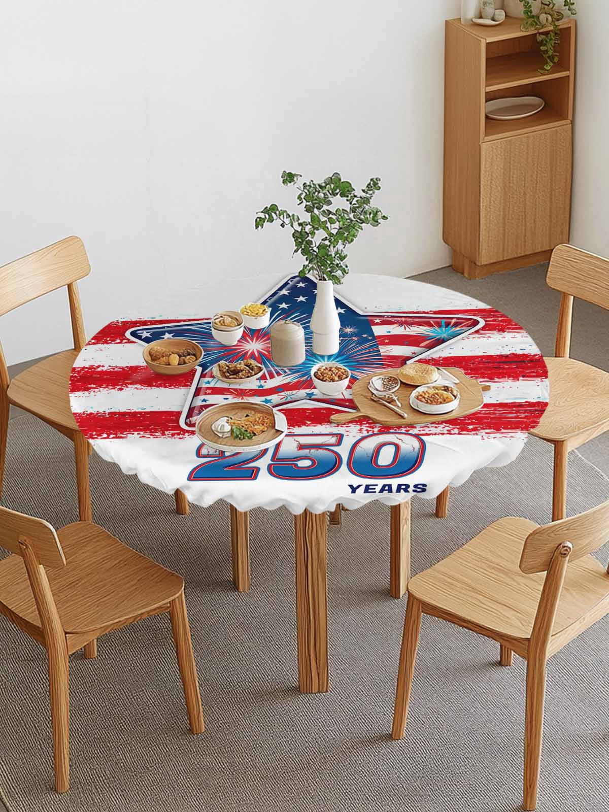 250 Anniversary Round Fitted Tablecloth with Elastic Edge, American ...