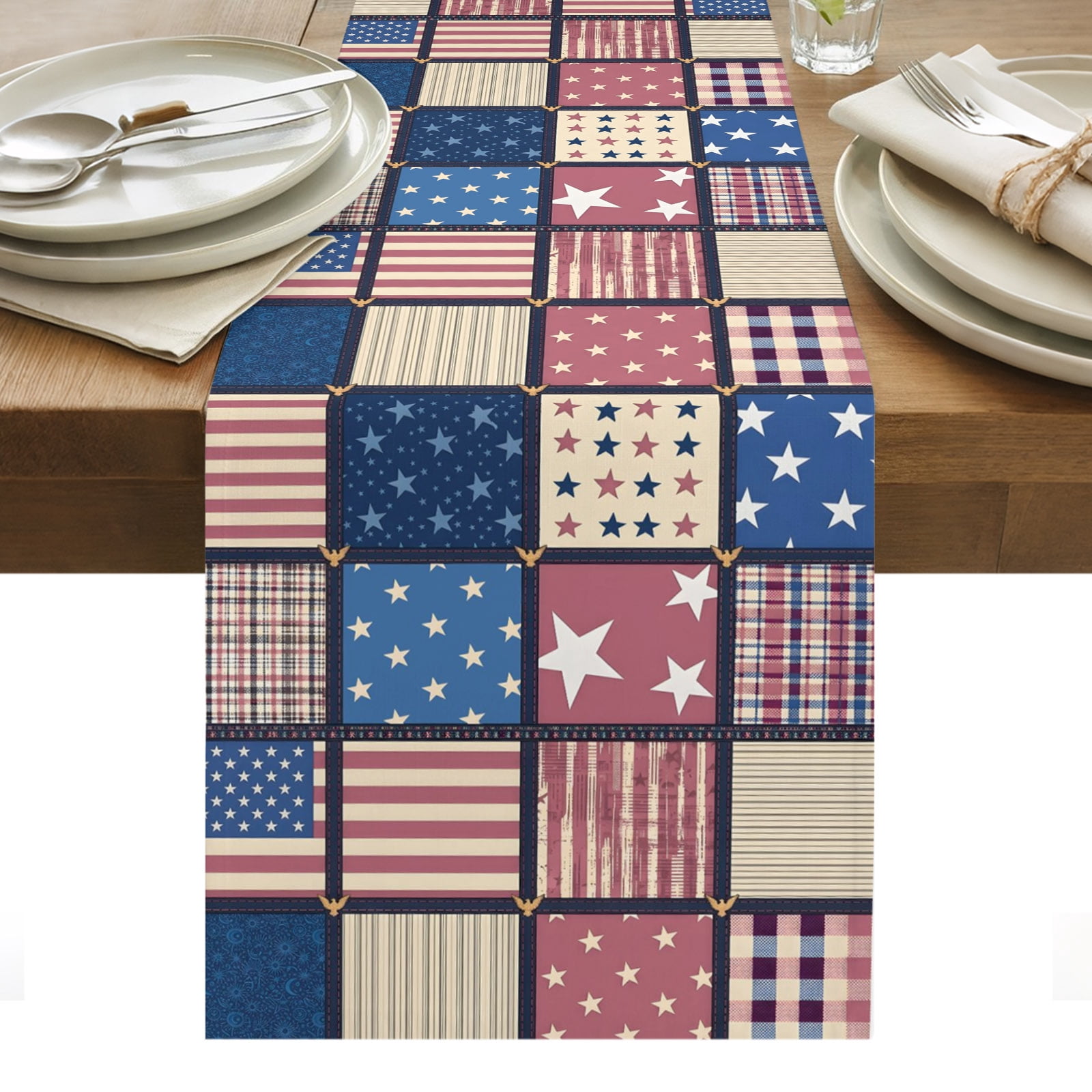 250 Anniversary Table Runner 4th of July Blue Stars Striped Patchwork ...