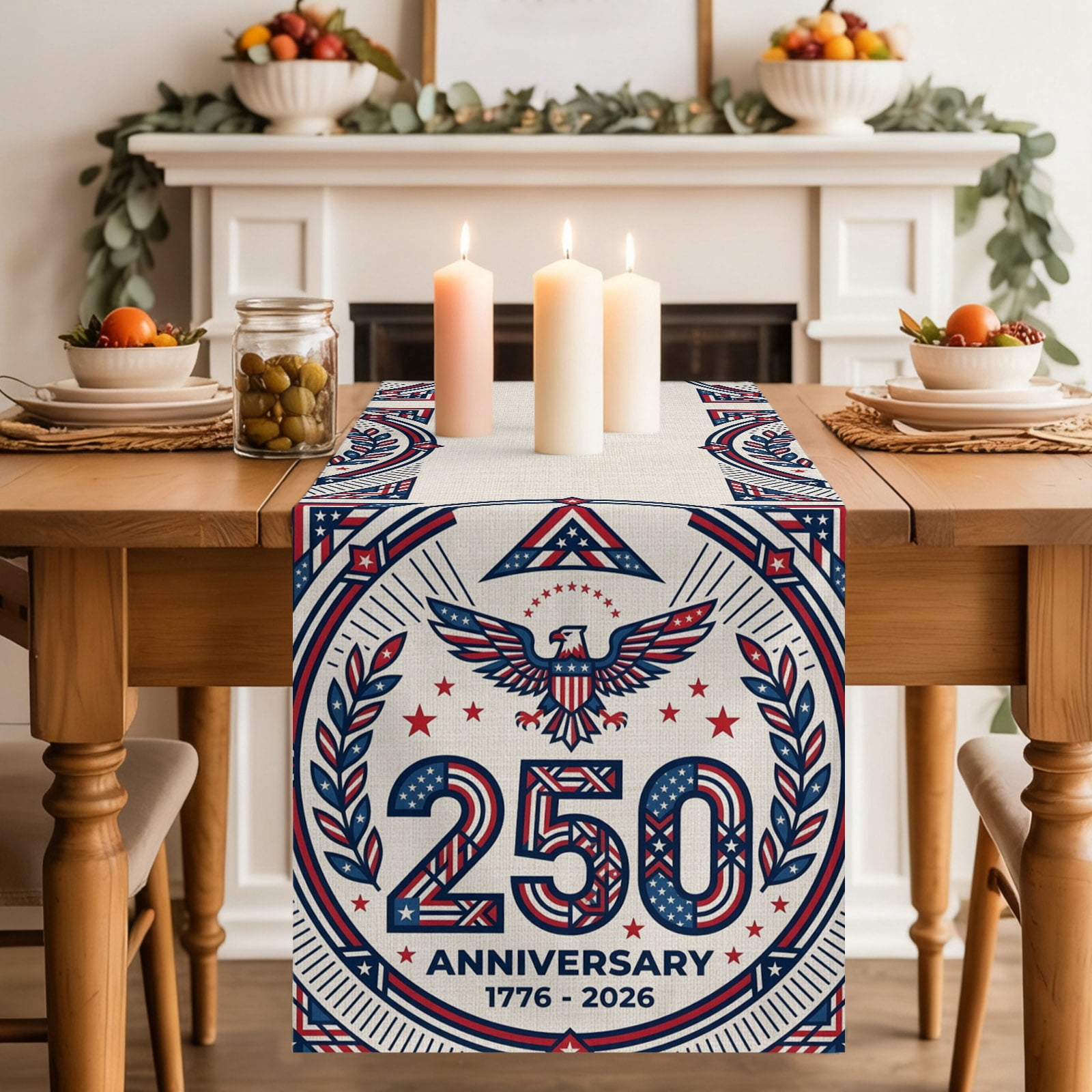 250 Anniversary Table Runner, Bald Eagle 1776-2026 Wreath Rustic ...