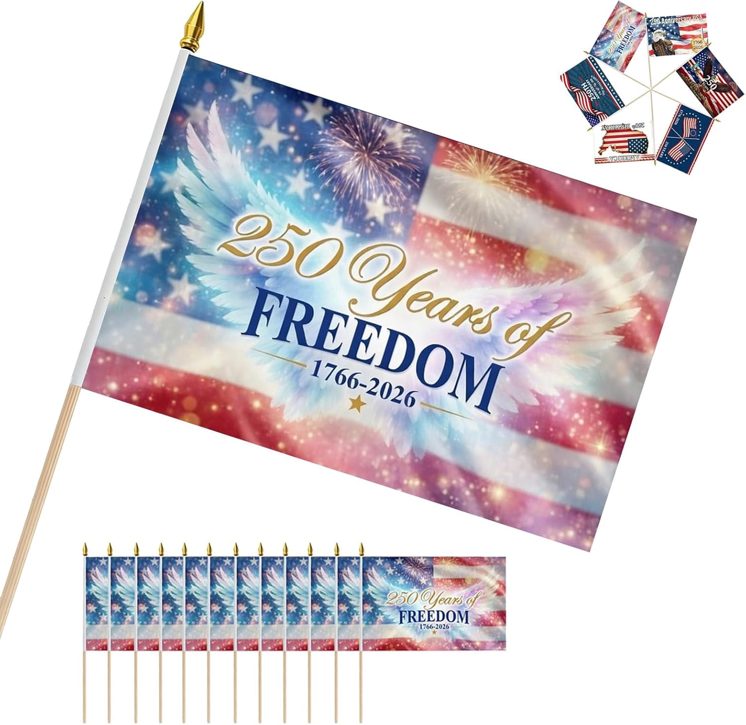 250 Anniversary USA Flag, 5.5x8.3 Inch Patriotic Stick Flags, 1776-2026 ...