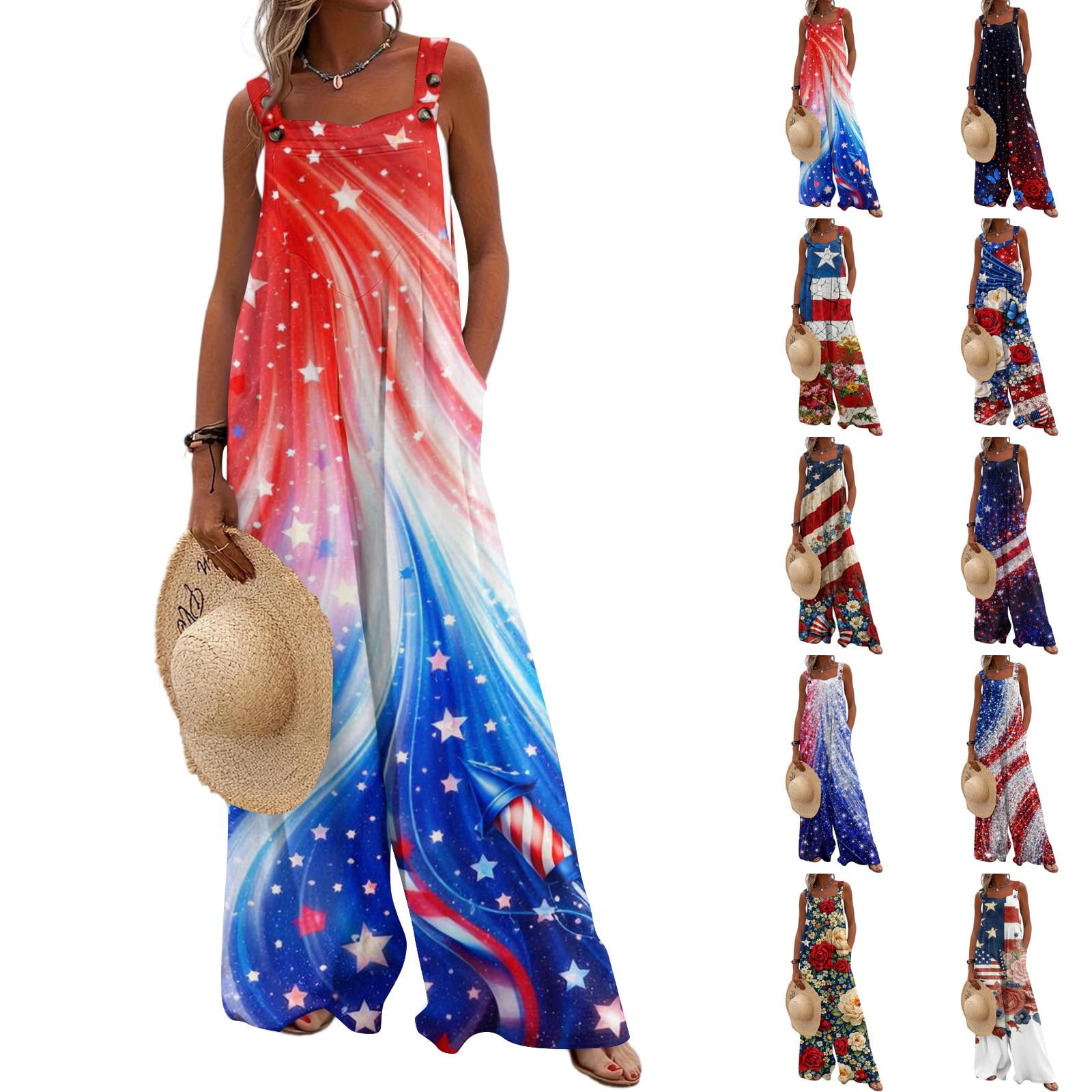250 Anniversary USA Flag Jumpsuits for Women Casual Loose Wide Leg ...