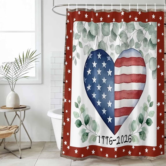 250 Anniversary USA Flag Shower Curtain, Eucalyptus Blue Red Love Heart ...