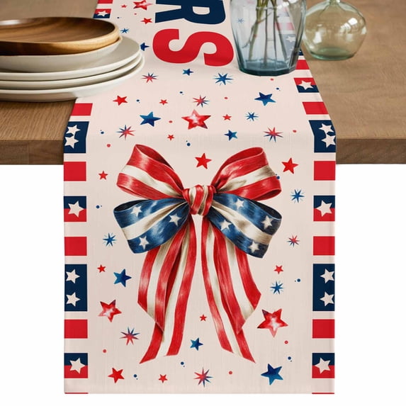 250 Anniversary USA Flag Table Runner, Red Blue Star Bow Knot Washable ...