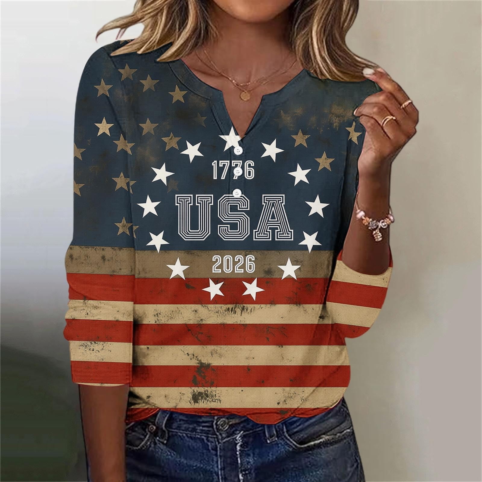 250 Anniversary USA Merchandise Women 3/4 Sleeve V Neck Independence ...